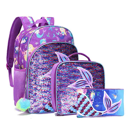 3-piece Schoolbag Sequined Kind’s Mermaid Casual Backpack